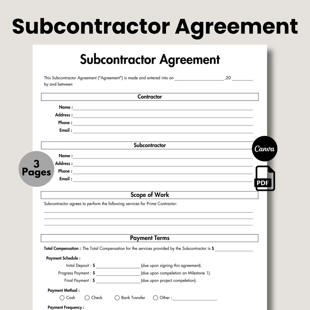 Subcontractor Agreement Template, Printable & Editable Job Subcontractor Agreement Forms ...
