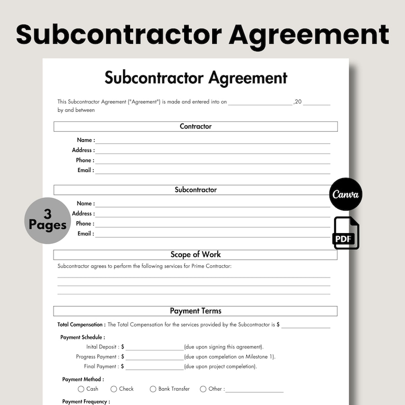 Subcontractor Agreement Template, Printable & Editable Job ...