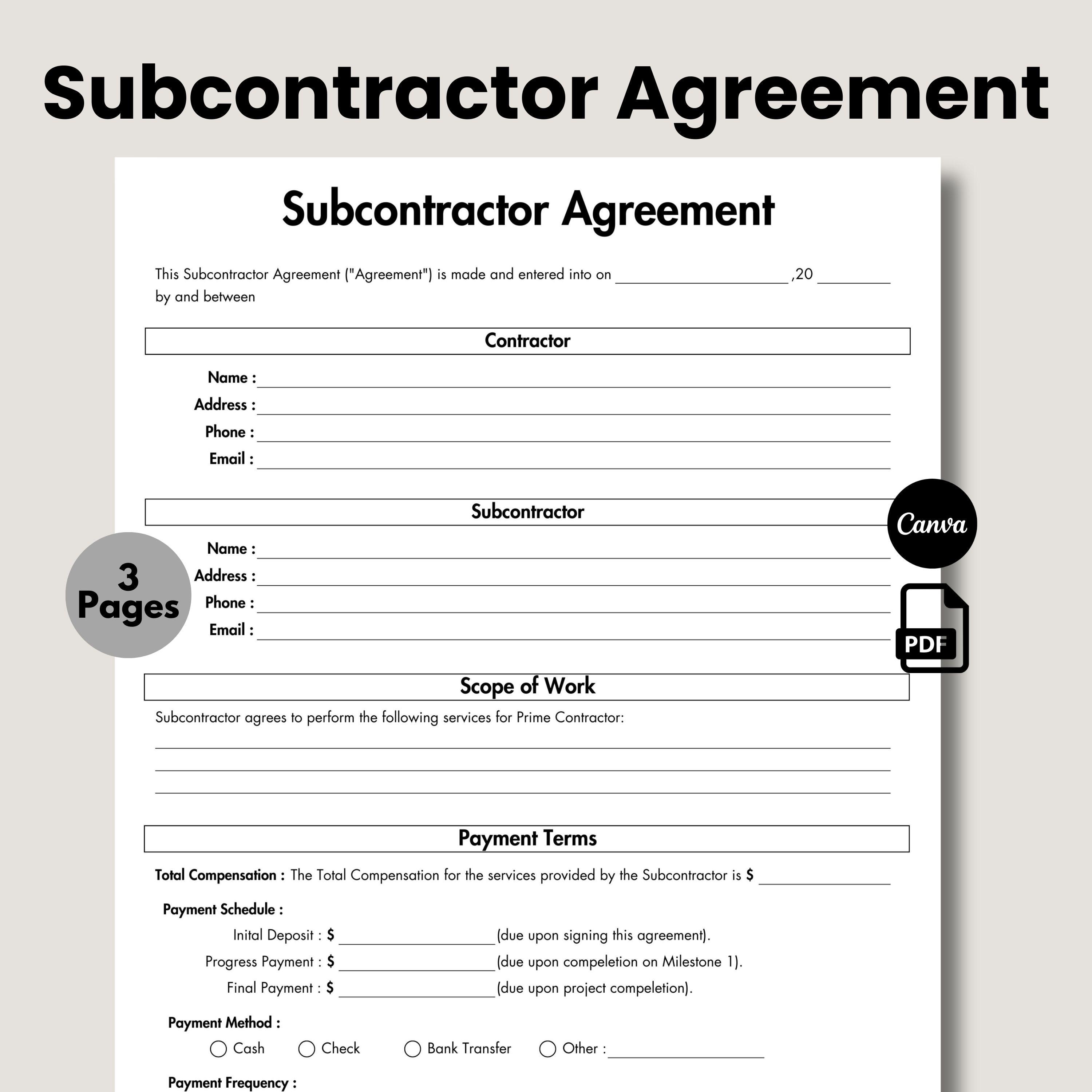 Subcontractor Agreement Template, Printable & Editable Job ...