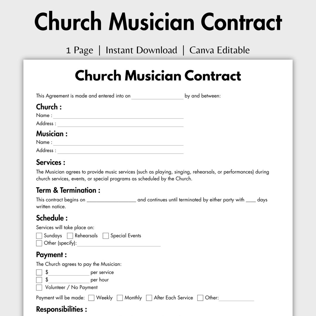 One Page Church Musician Contract, Editable Agreement for Choir Form ...