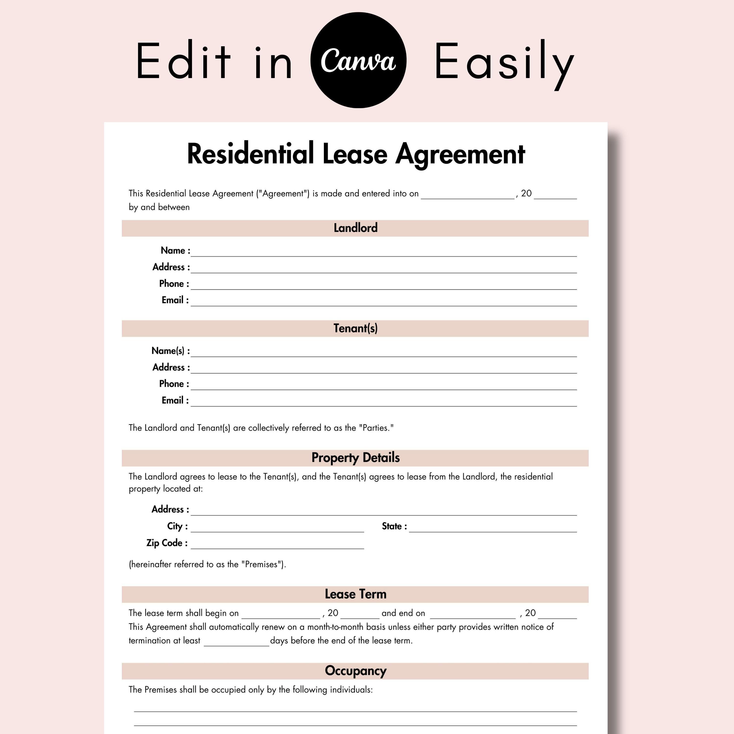 Residential Lease Agreement Template, Editable Simple Rental Lease ...