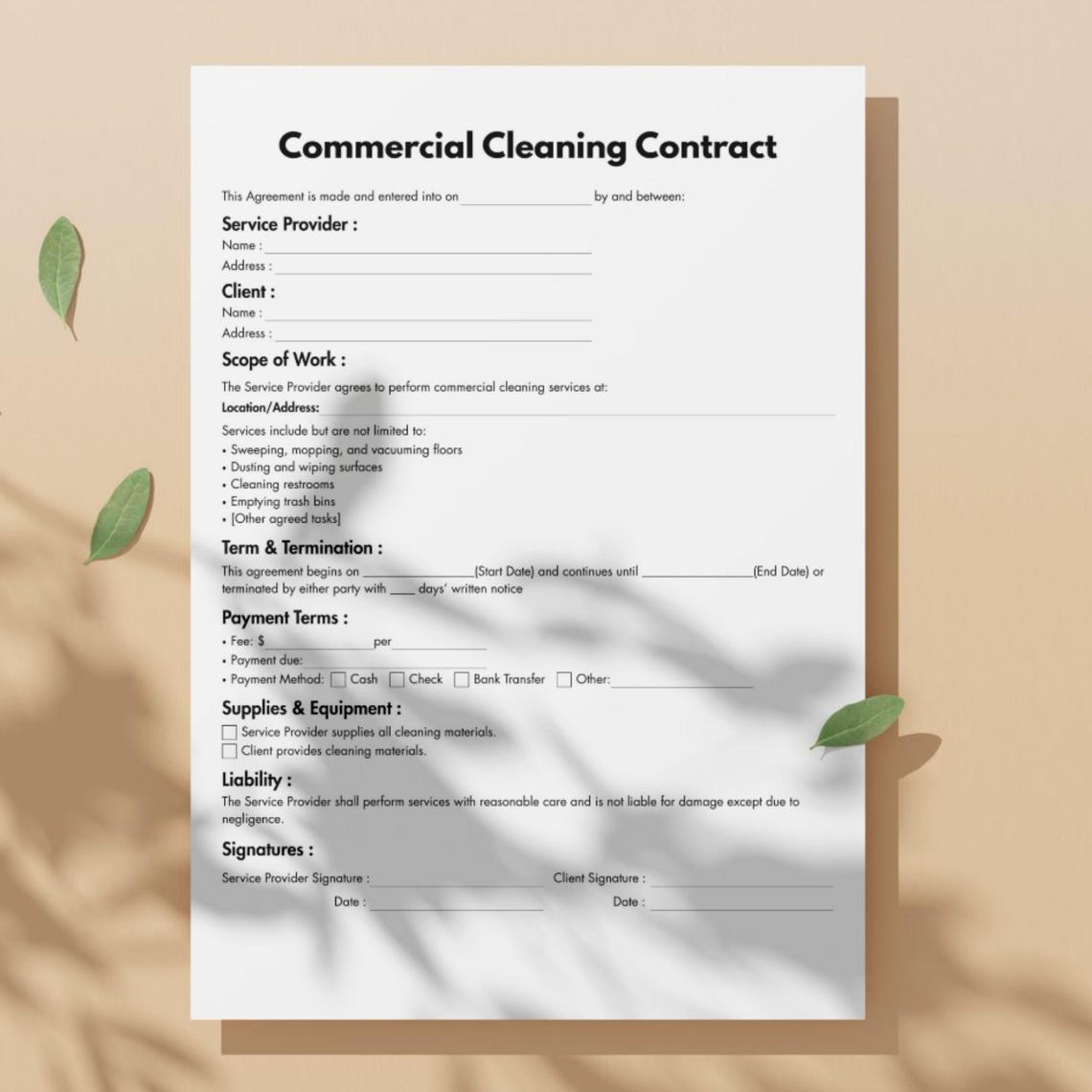 One Page Commercial Cleaning Contract, Editable Cleaning Agreement Form ...