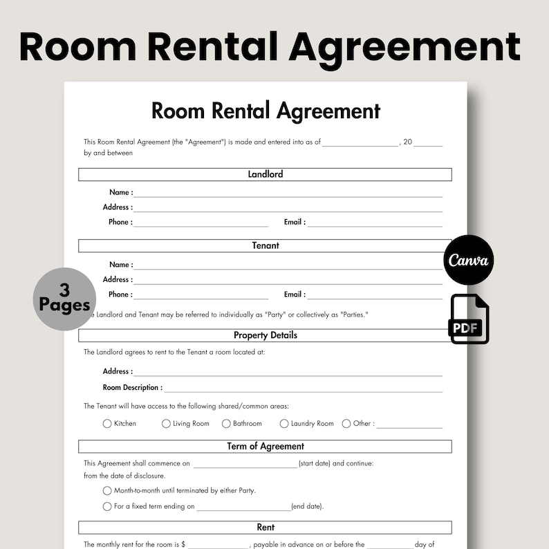 Room Rental Agreement, Printable & Editable Room Tenancy Agreement ...