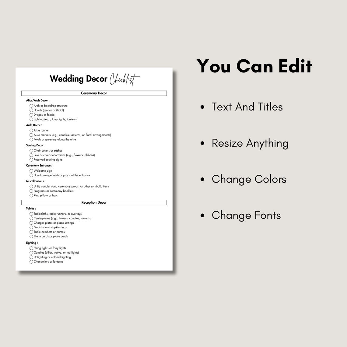 Wedding Decor Checklist, Printable & Editable Wedding Decor Plan ...