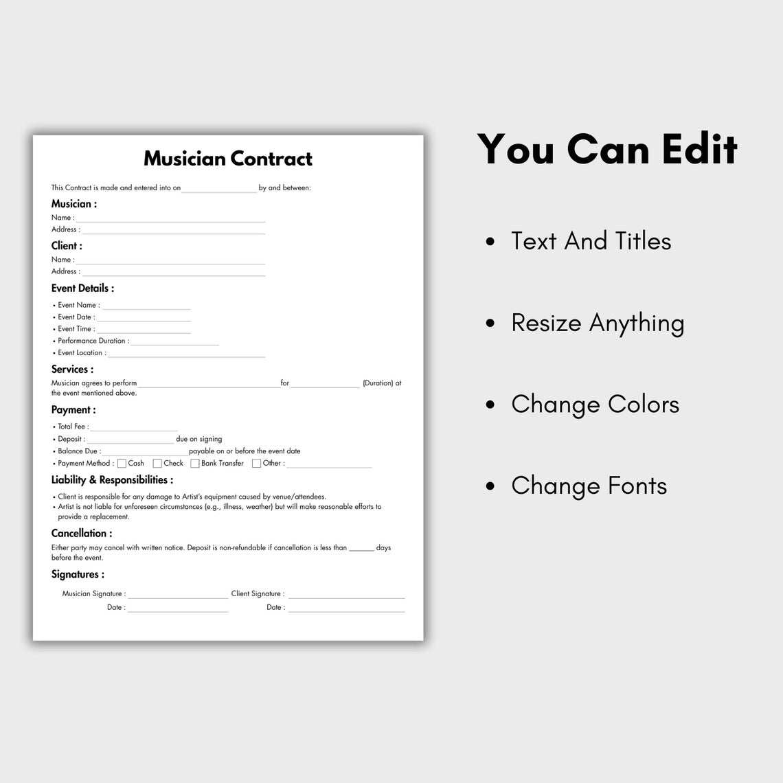 One Page Musician Contract, Editable Musician Collaboration Form ...