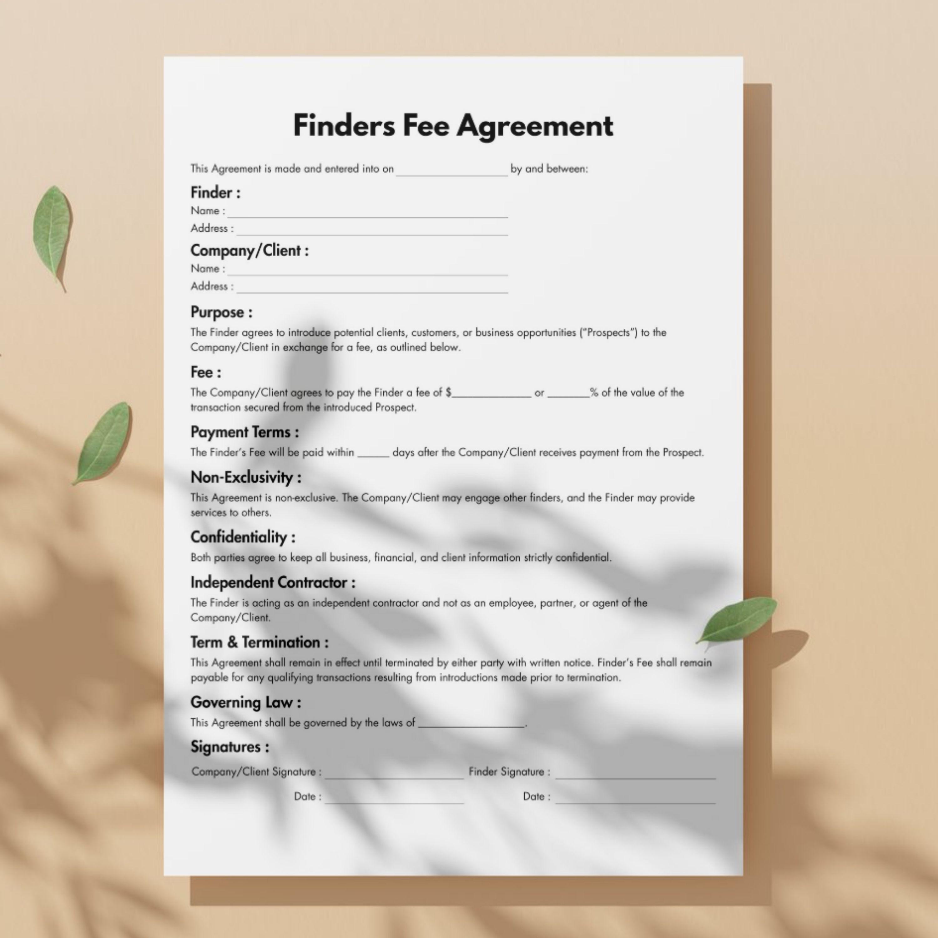One Page Finders Fee Agreement, Editable Business Introduction Contract ...
