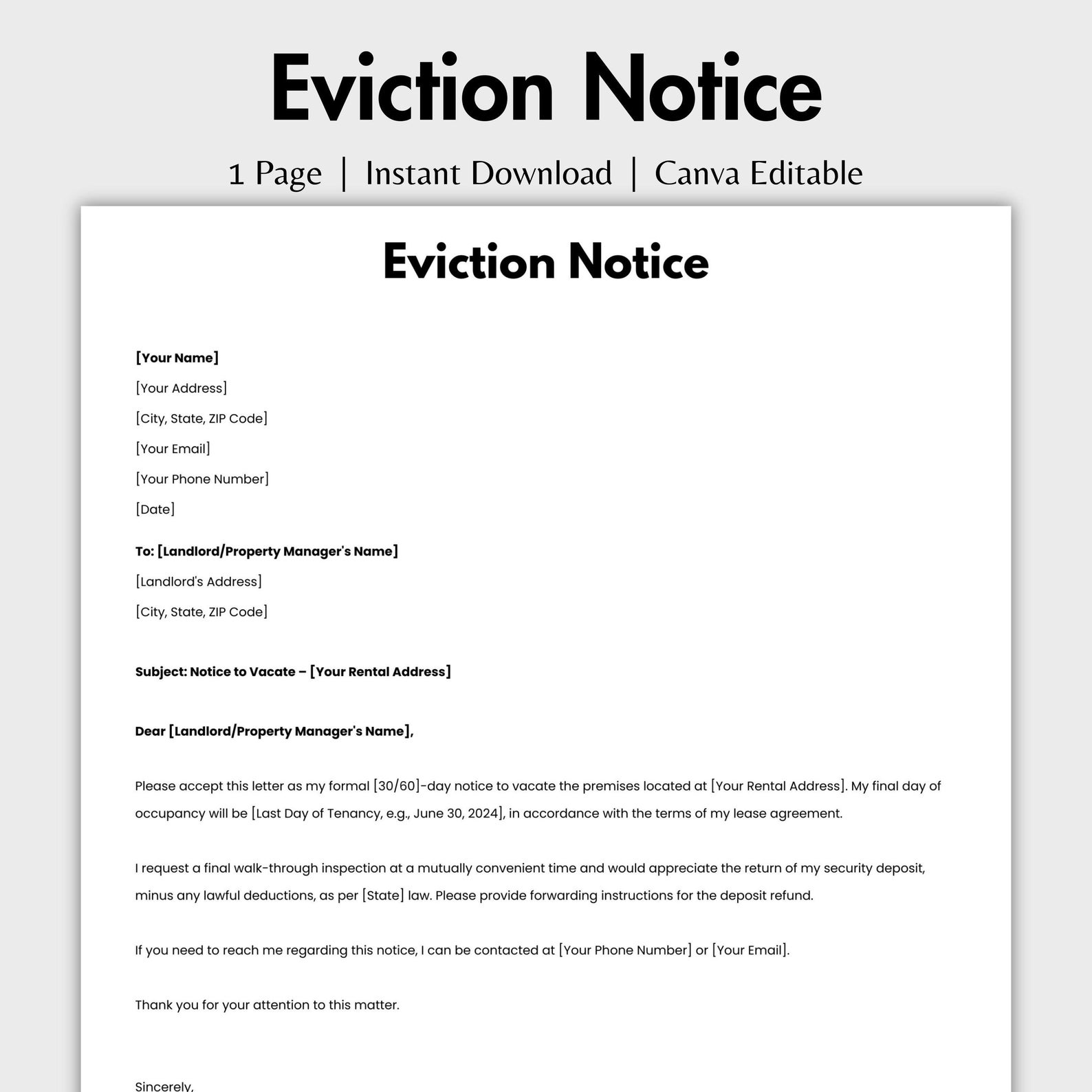One Page Eviction Notice, Editable Notice to Vacate Template Canva ...