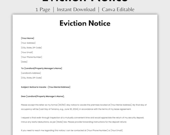 Editable Eviction Notice Template, Single Page Notice to Vacate Template, Printable Lease ...
