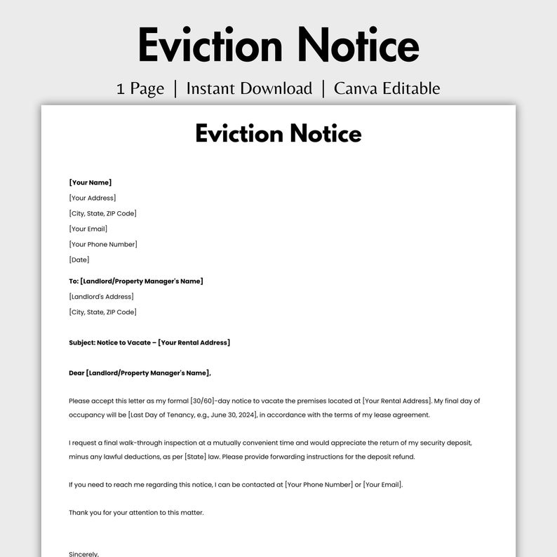 One Page Eviction Notice, Editable Notice to Vacate Template Canva ...