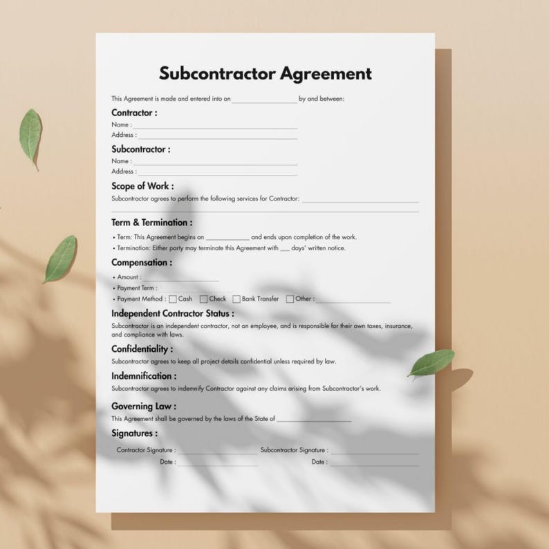 One Page Subcontractor Agreement, Editable Job Subcontractor Template ...