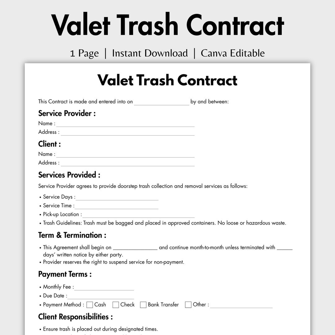 One Page Valet Trash Contract, Editable Rubbish Bin Collection Services ...