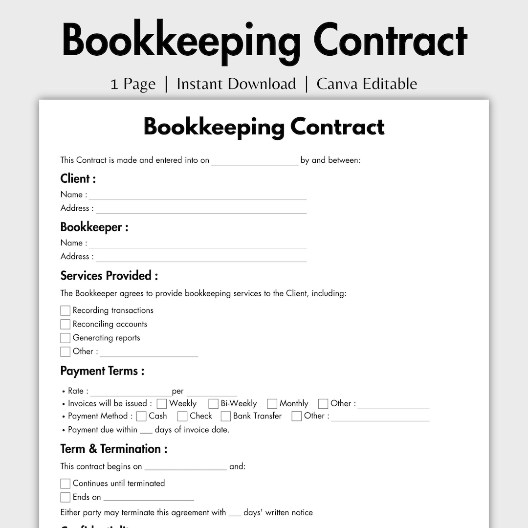 One Page Bookkeeping Contract, Editable Freelance Bookkeeper Form ...