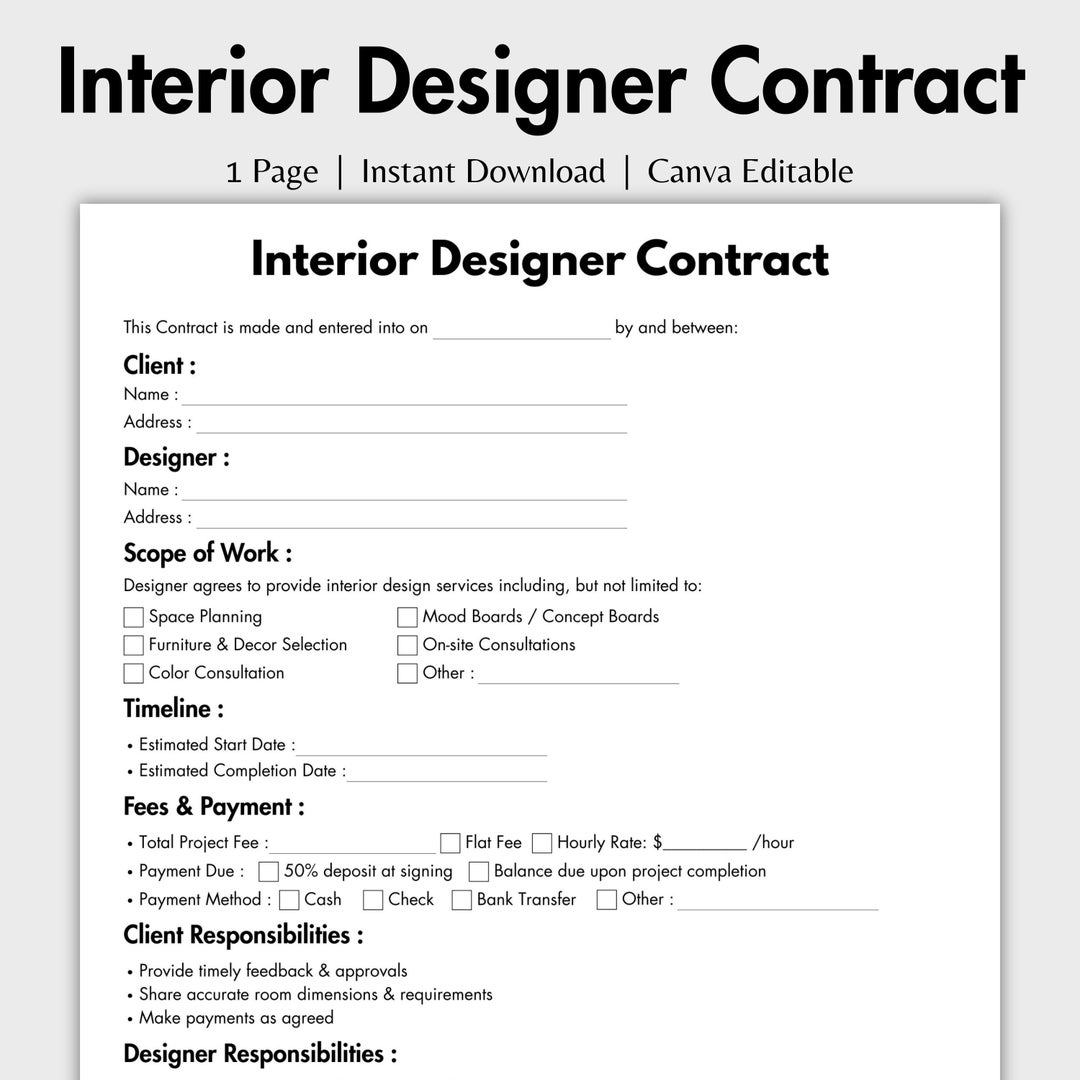 One Page Interior Designer Contract, Editable Interior Decorating Form ...