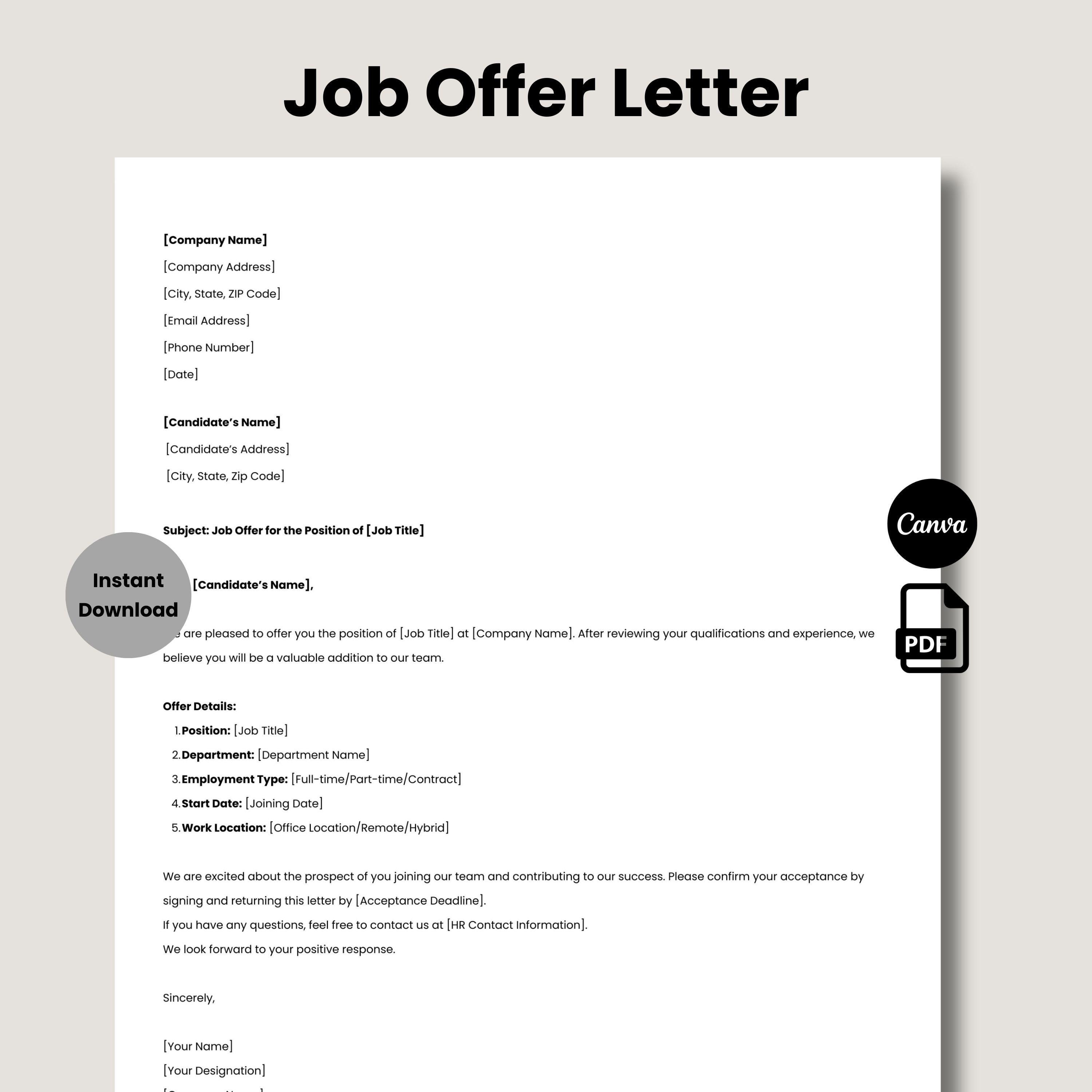 Editable Job Offer Letter, Printable Employment Offer Letter Form ...