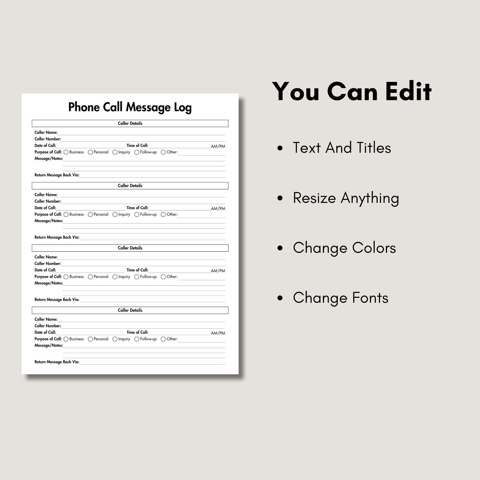 Editable Phone Call Message Log Template, Communication Log Form ...