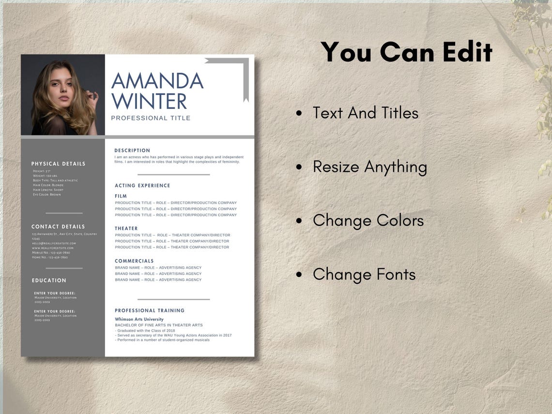 Editable Actress & Actor Resume Template With Photo, Acting Resume ...