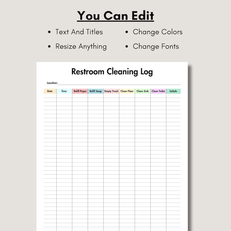Restroom Cleaning Log Colorful, Commercial Cleaning Log Sheet, Editable ...