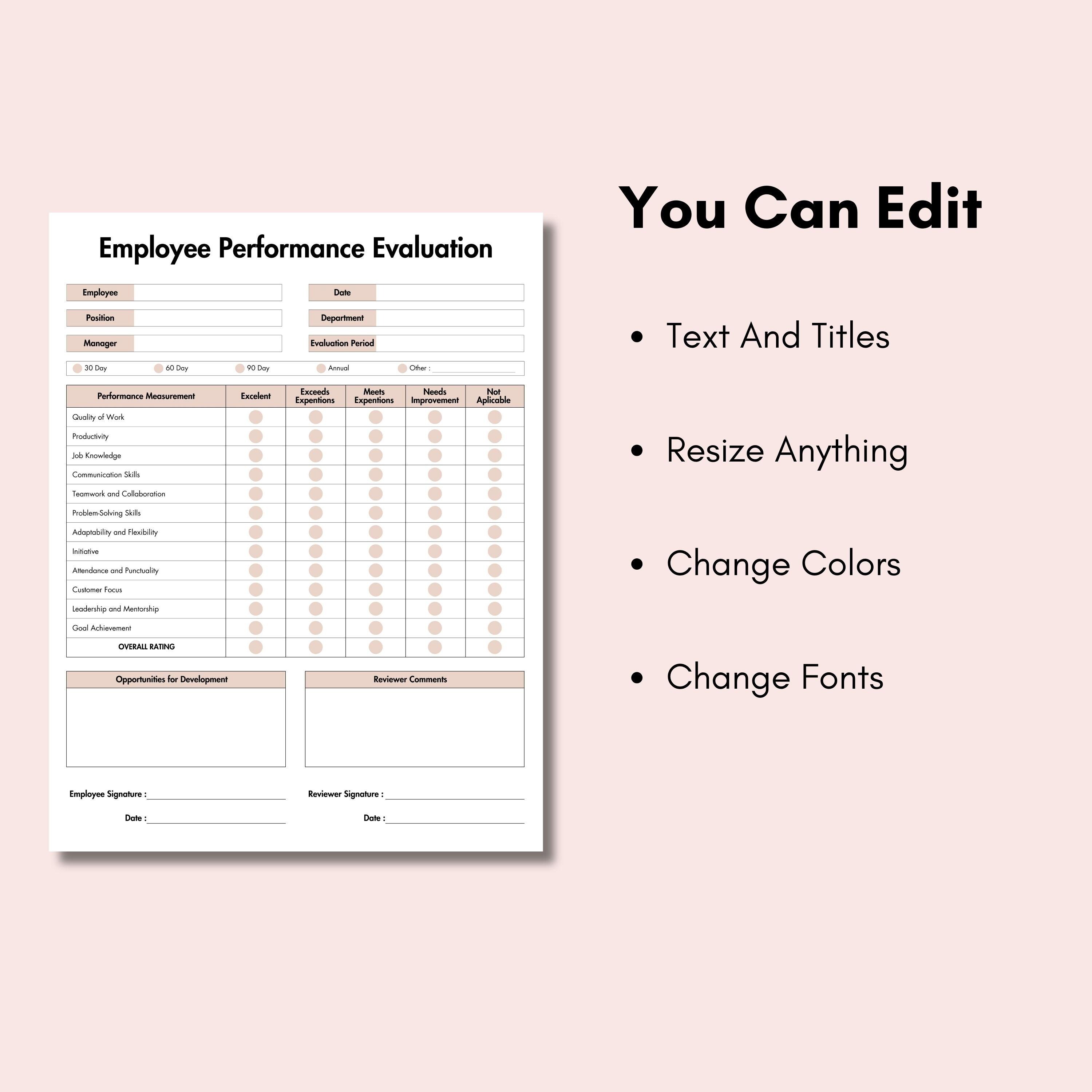 Employee Performance Evaluation, Editable Employee Performance Review ...