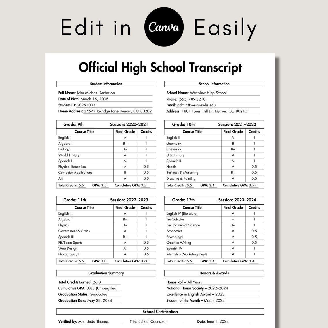 Editable High School Transcript Template, Home School Transcript Form ...