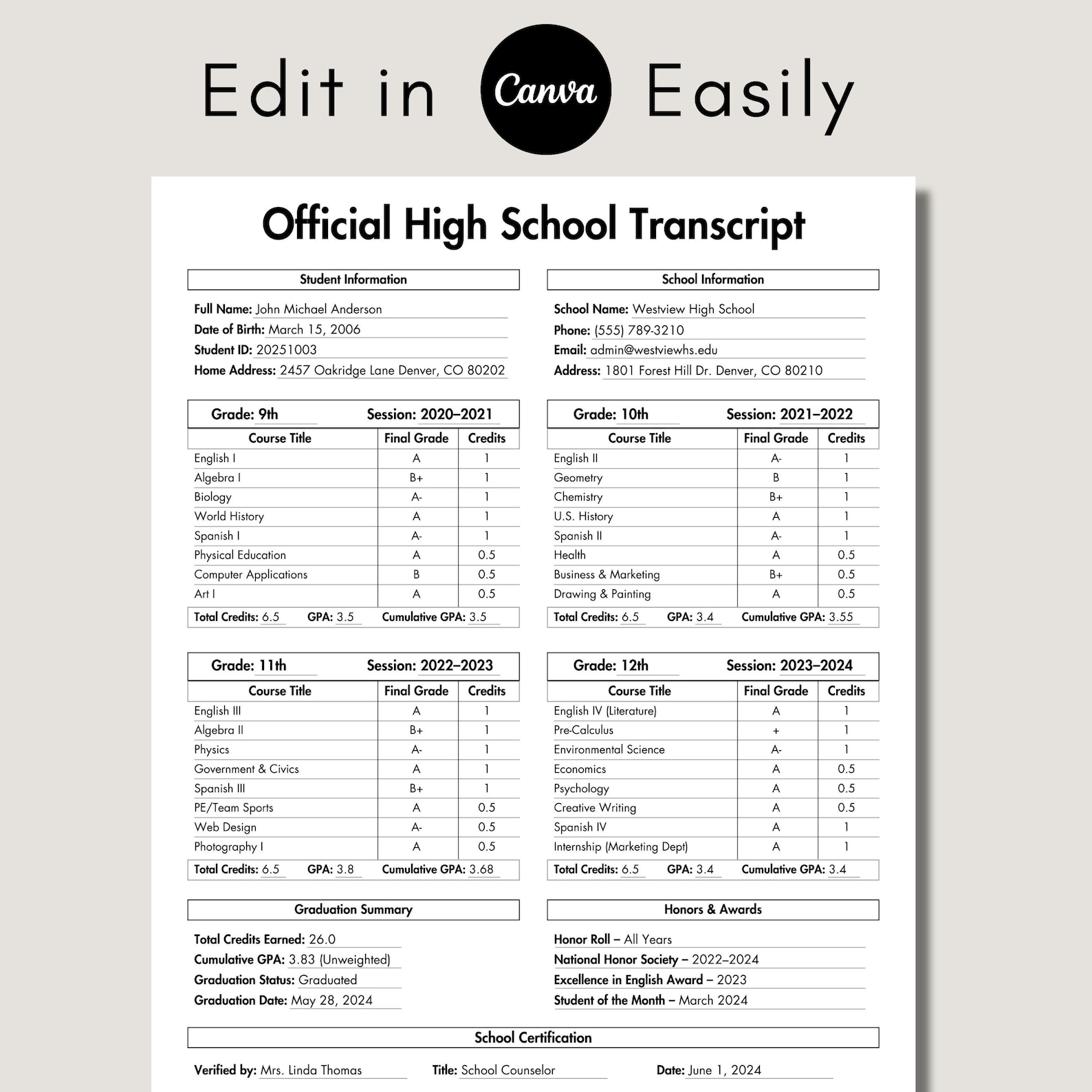 Editable High School Transcript Template, Home School Transcript Form ...
