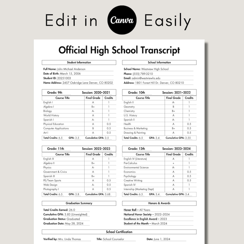 Editable High School Transcript Template, Home School Transcript Form ...
