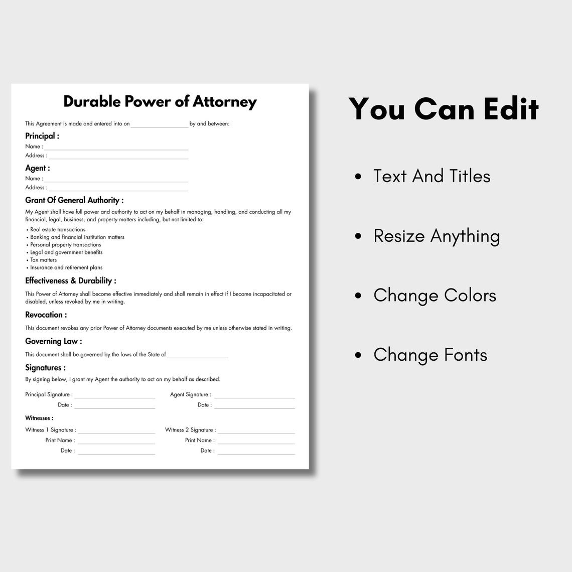 One Page Durable Power of Attorney Template, Editable Durable Financial ...