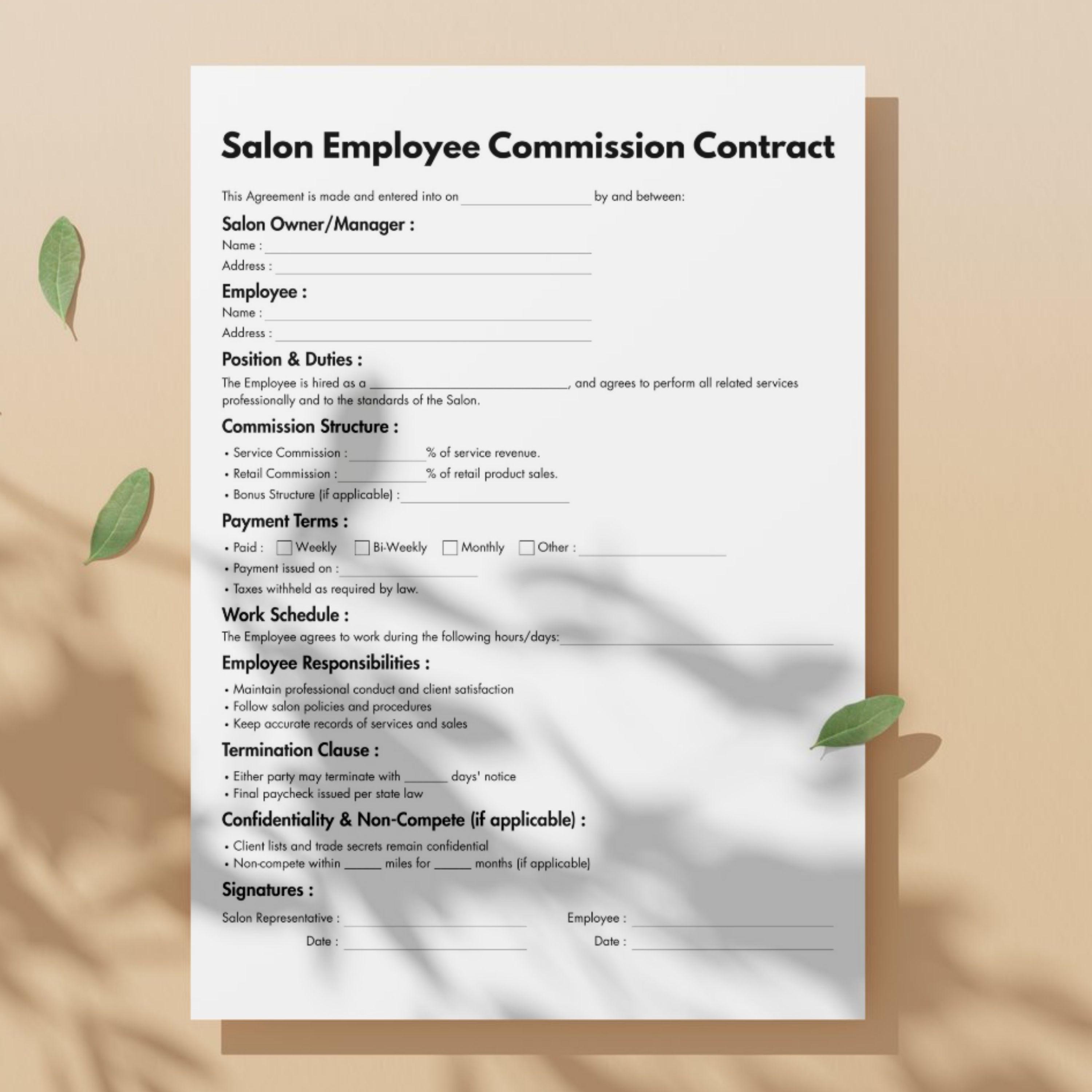 One Page Salon Employee Commission Contract, Editable Stylist ...