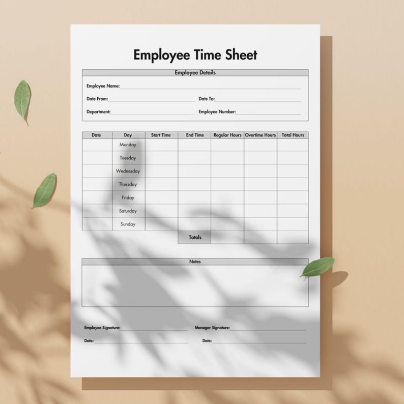 Employee Time Sheet Template, Editable Timekeeping Sheet Form, Staff ...