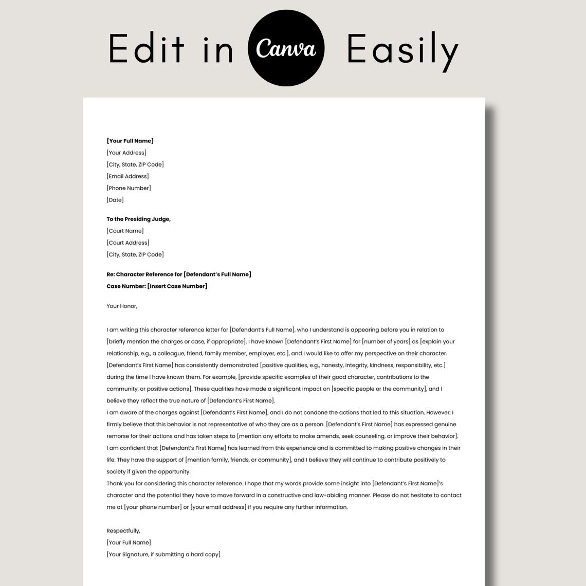 Editable Court Character Reference Letter, Printable Court Letter ...