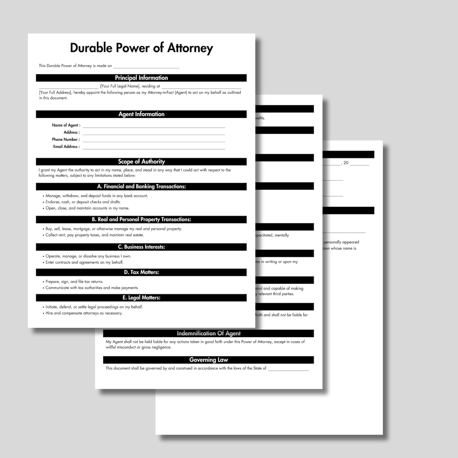 Durable Power of Attorney Template, Printable & Editable Durable Power ...