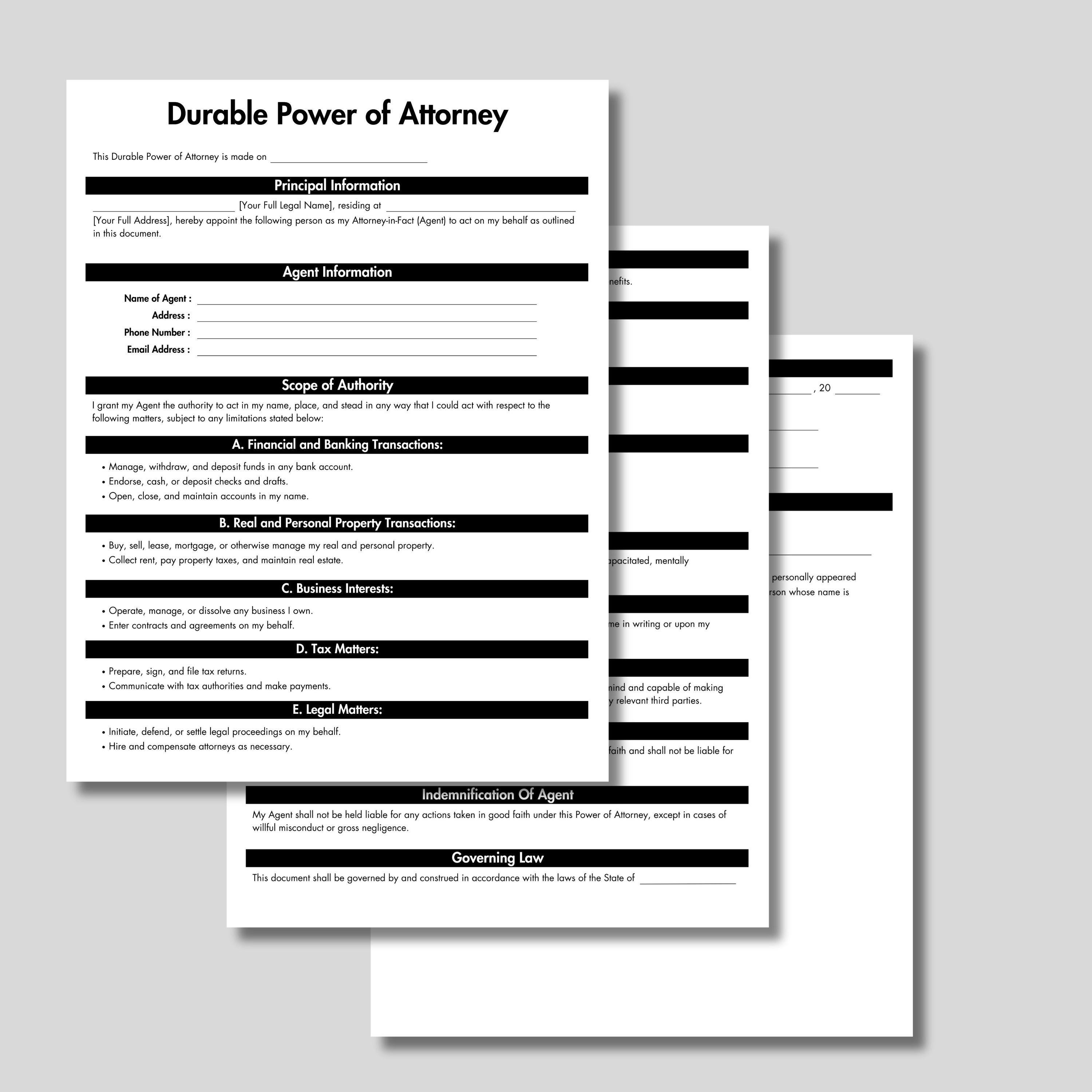 Durable Power of Attorney Template, Printable & Editable Durable Power ...