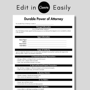 Durable Power of Attorney Template, Printable & Editable Durable Power ...
