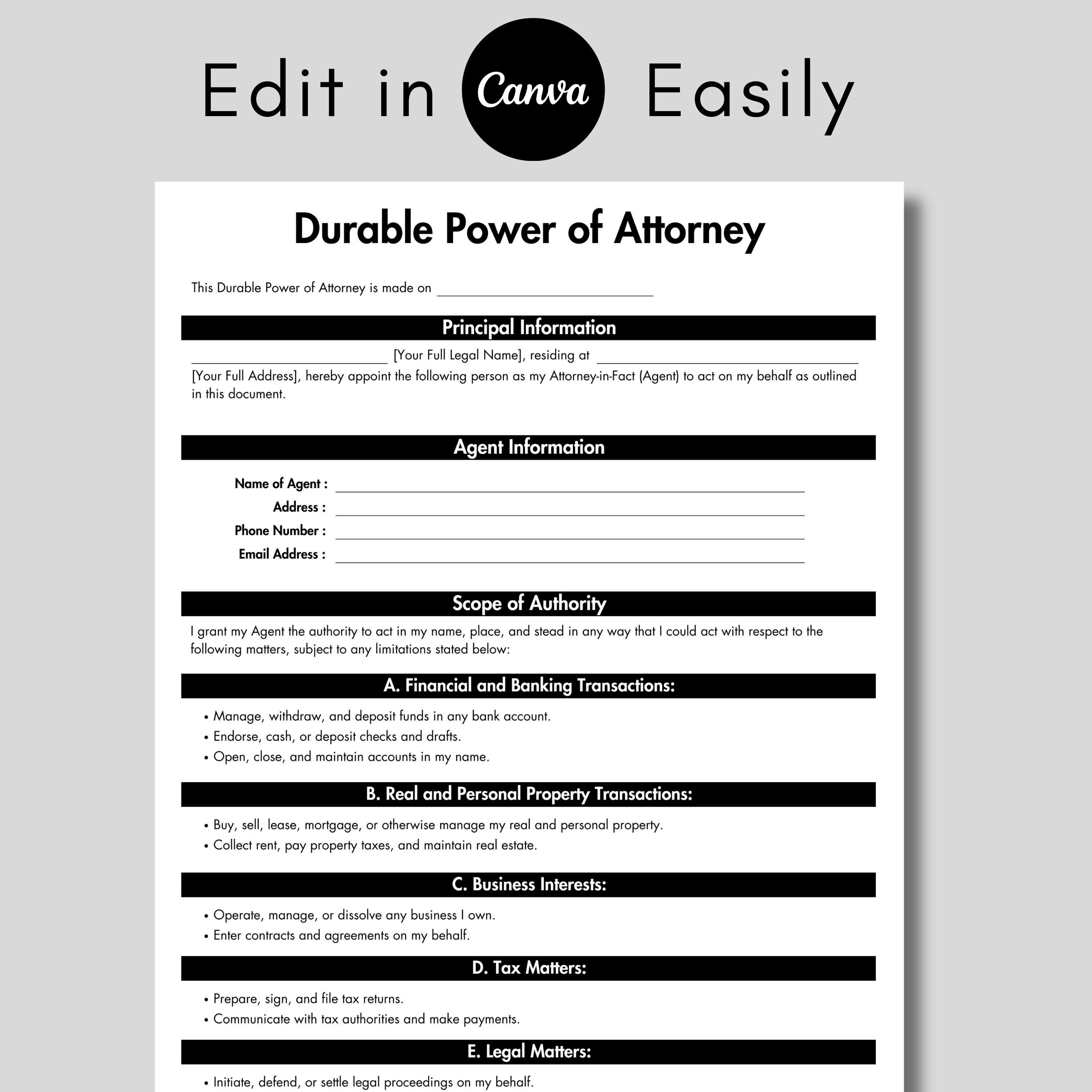 Durable Power of Attorney Template, Printable & Editable Durable Power ...