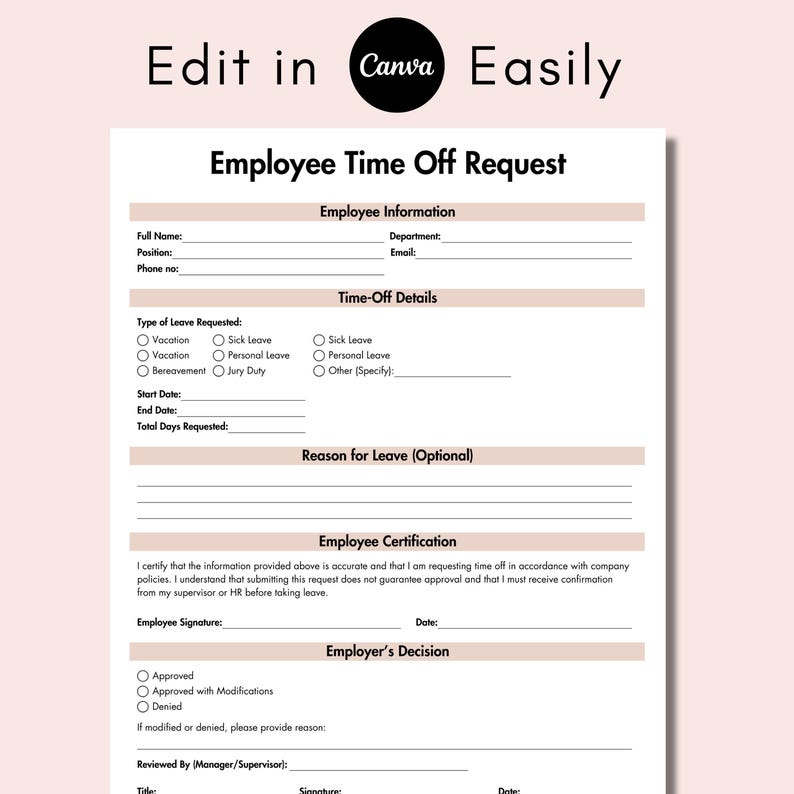 Employee Time off Request, Editable Vacation Request Form Template ...