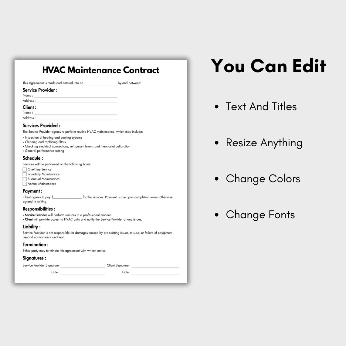 One Page HVAC Maintenance Contract, Editable Heating & Cooling Service ...
