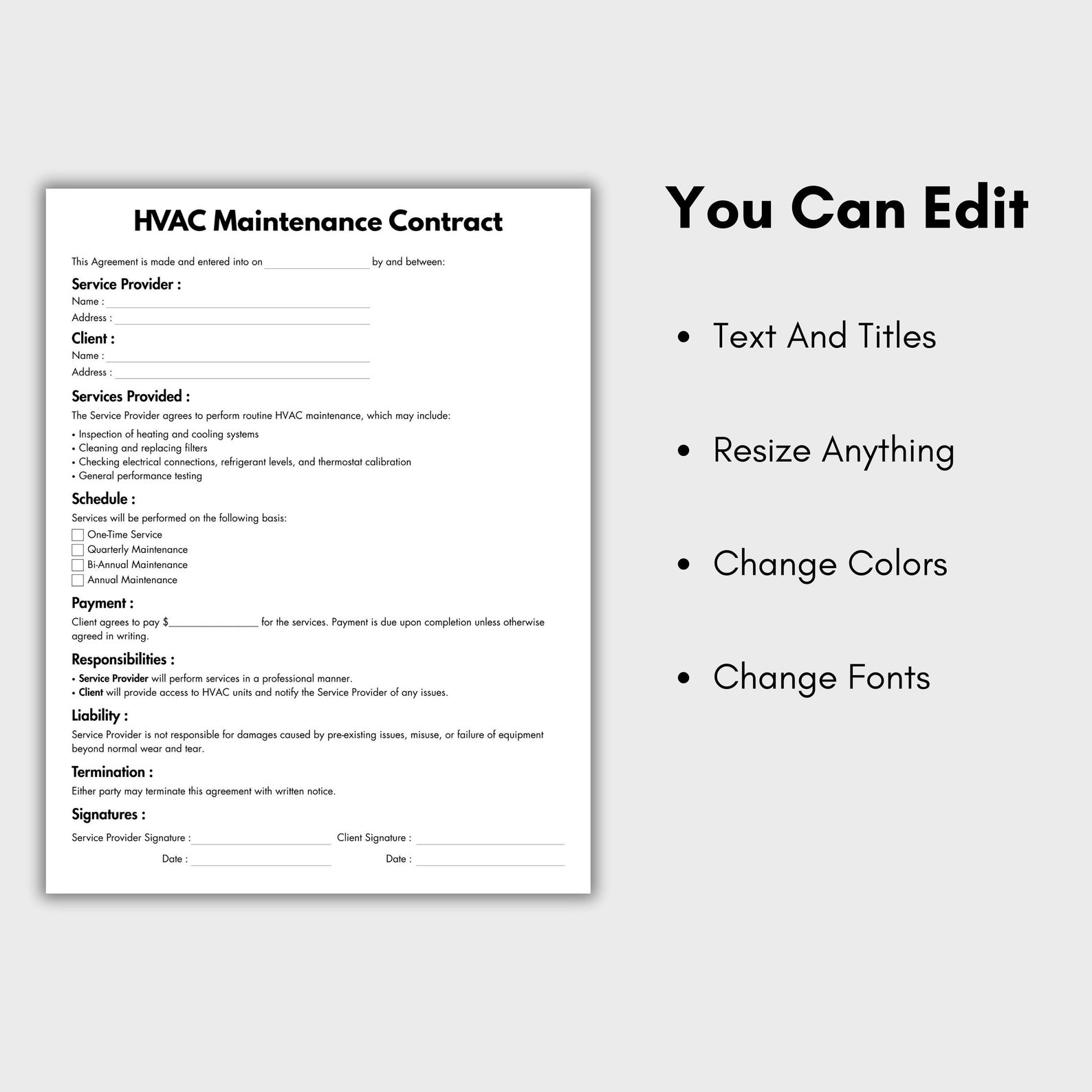 One Page HVAC Maintenance Contract, Editable Heating & Cooling Service ...