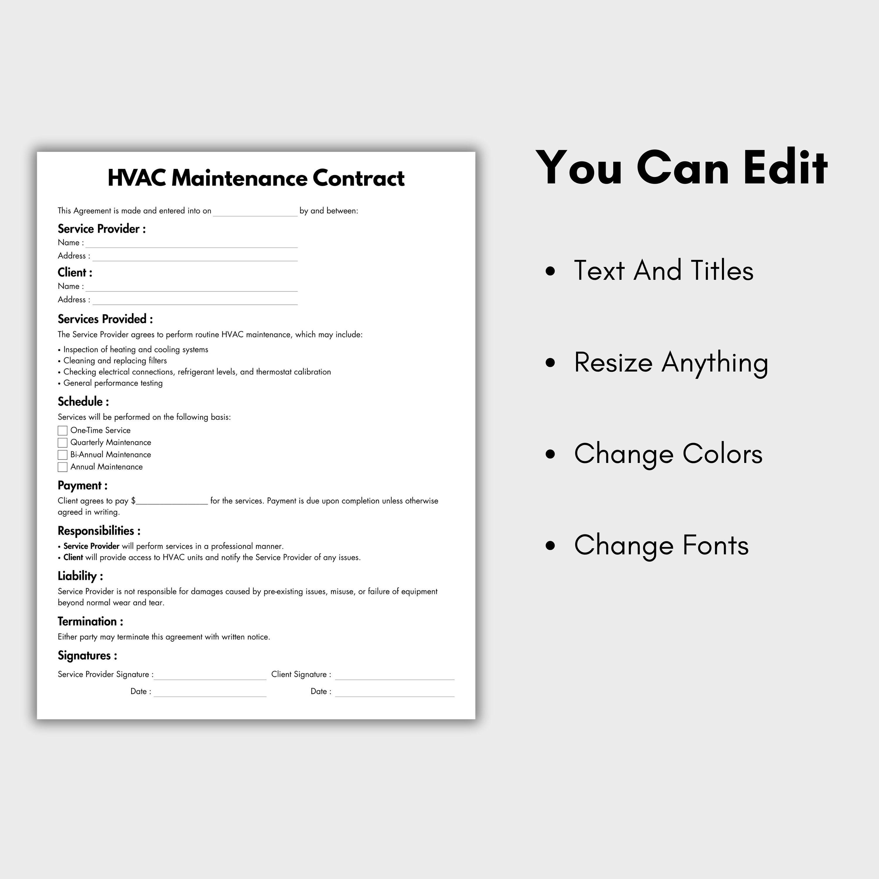 One Page HVAC Maintenance Contract, Editable Heating & Cooling Service ...