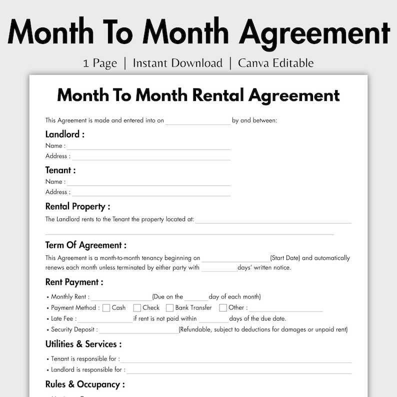 One Page Month to Month Rental Agreement, Editable Tenant Agreement ...