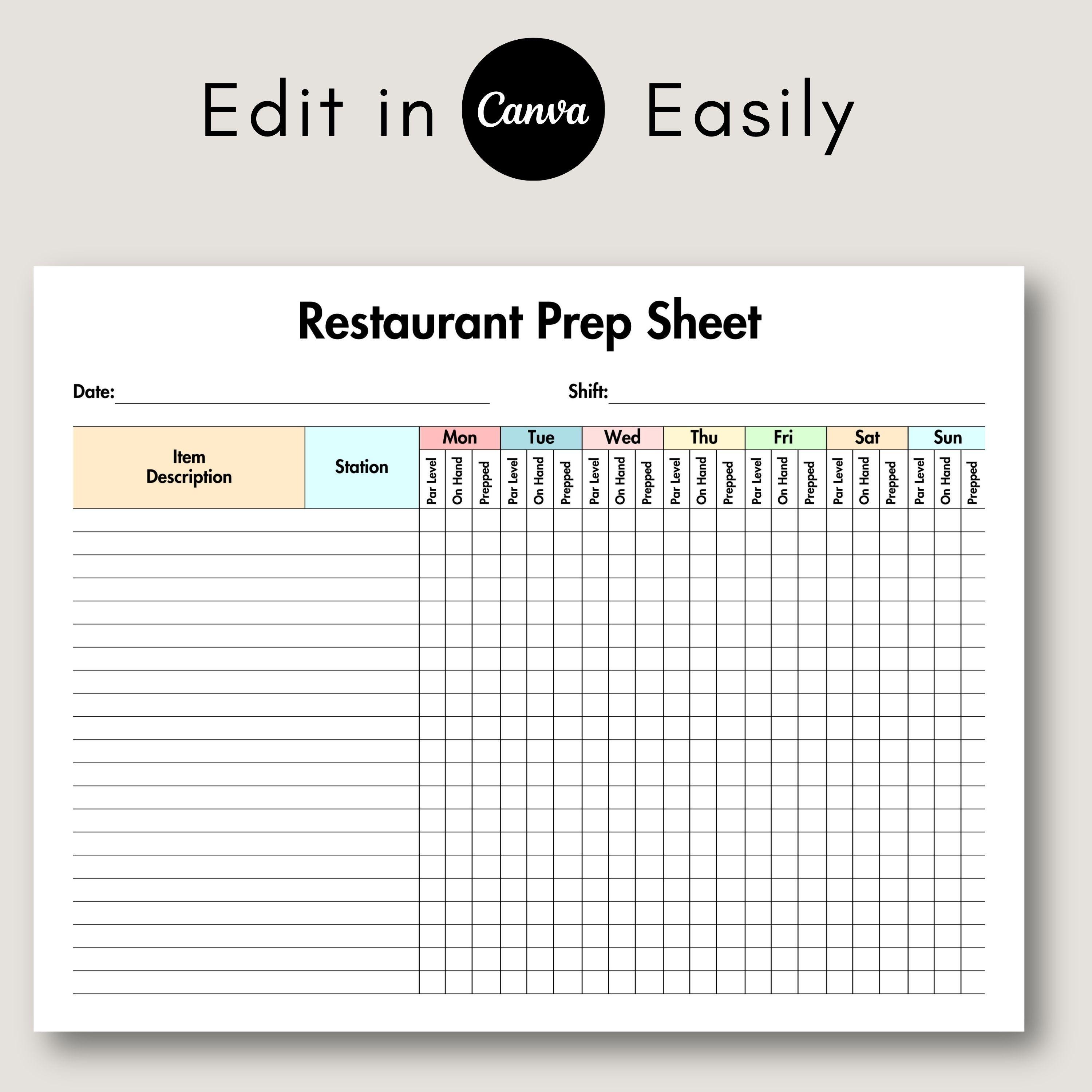 Restaurant Prep Sheet Template Colorful, Printable & Editable ...