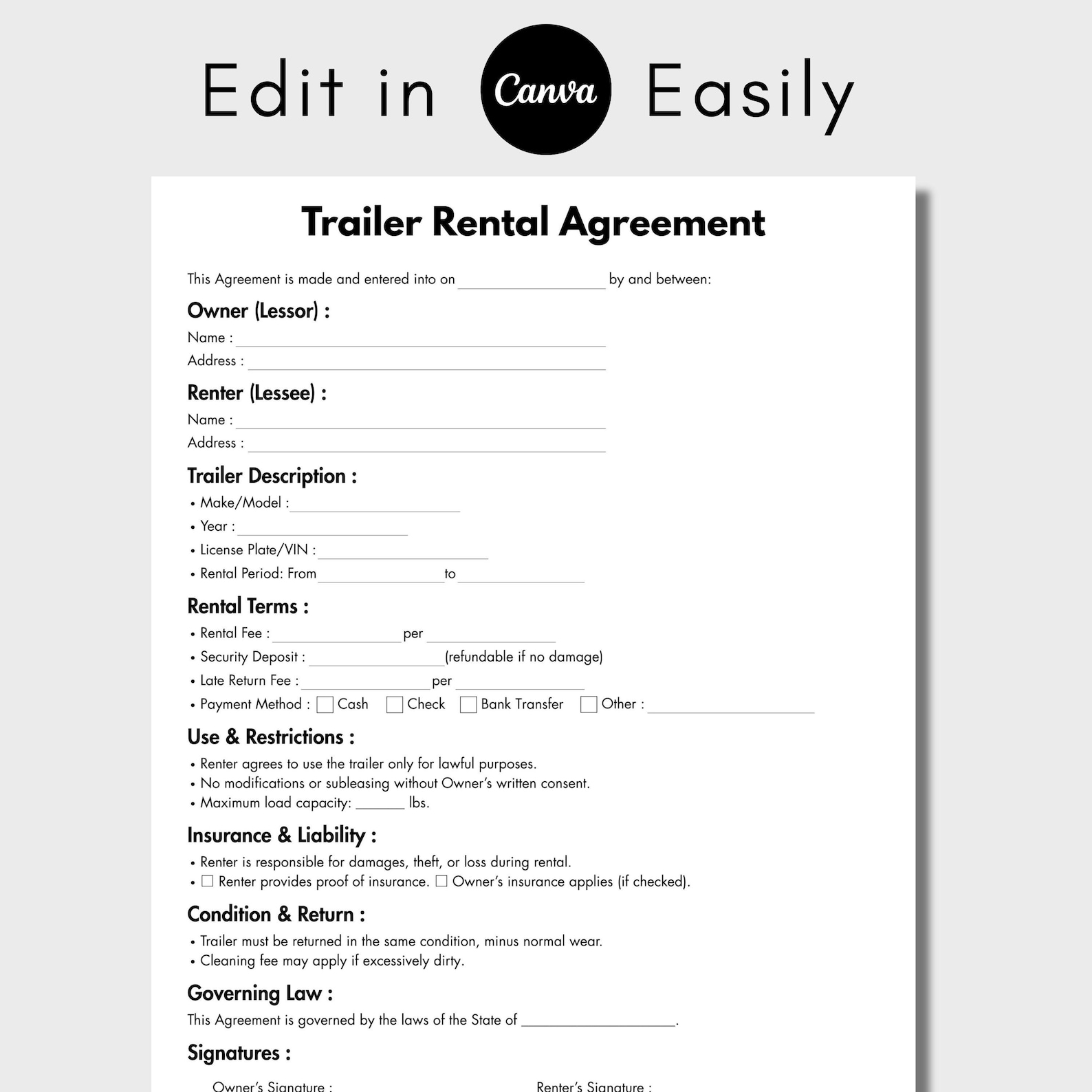 One Page Trailer Rental Agreement, Editable Trailer Rental Contract ...