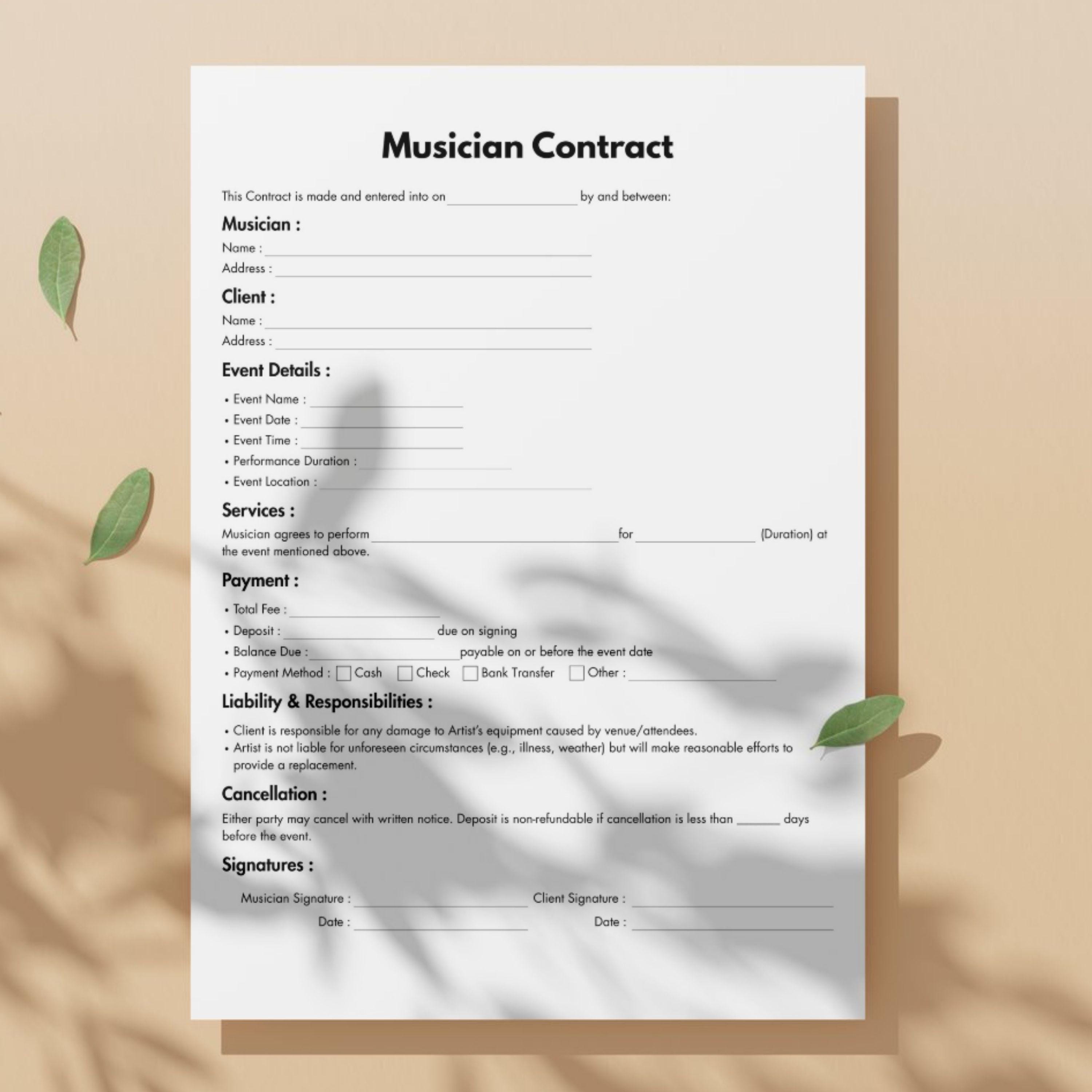 One Page Musician Contract, Editable Musician Collaboration Form Template Canva, Printable ...