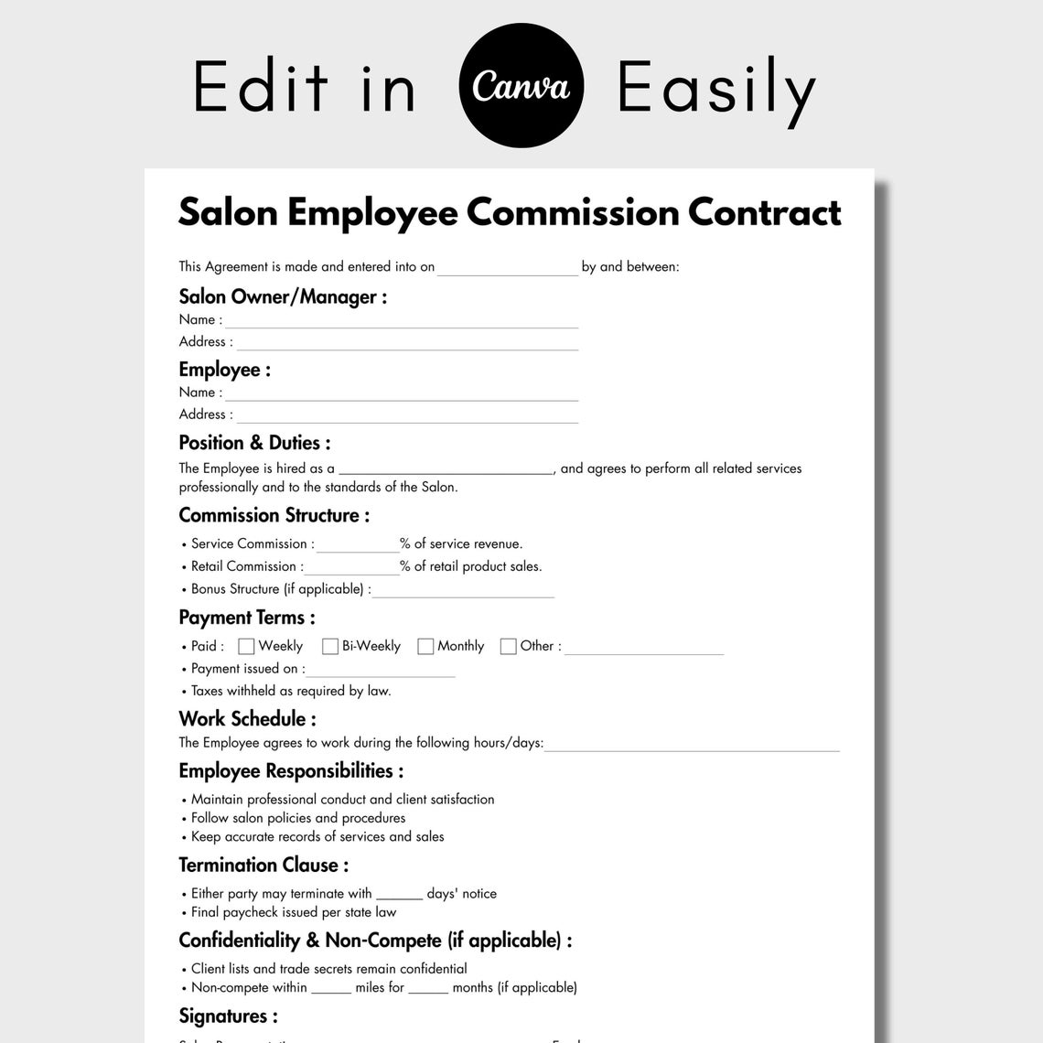 One Page Salon Employee Commission Contract, Editable Stylist ...