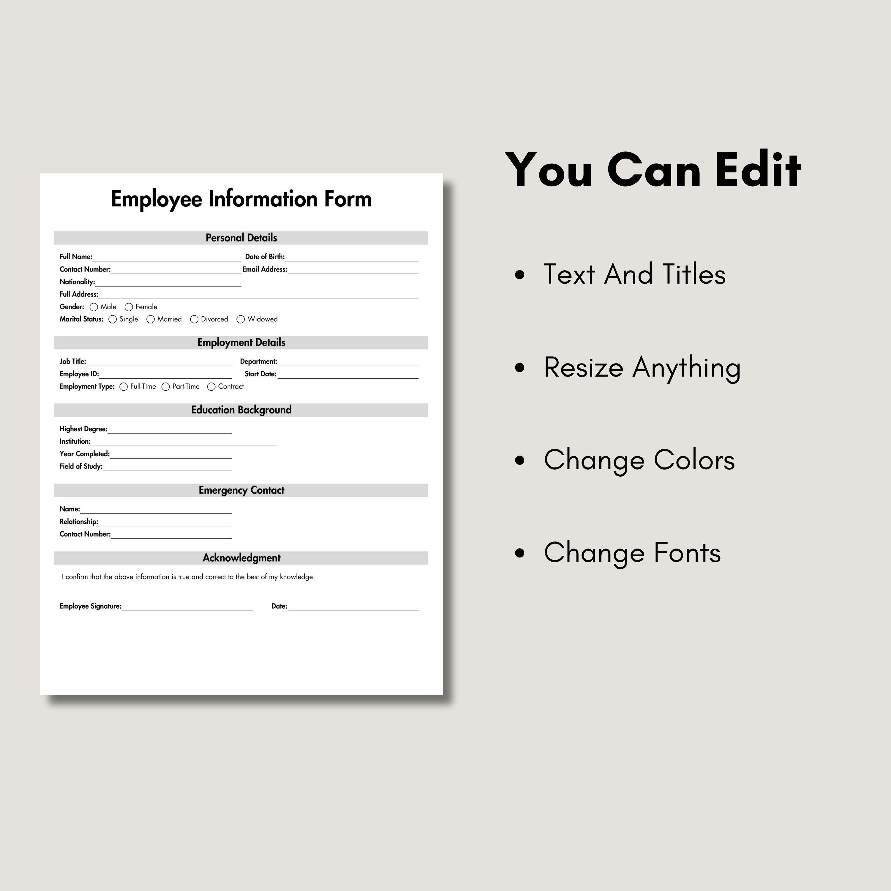Employee Information Form Template, Editable HR Templates Employee Form ...