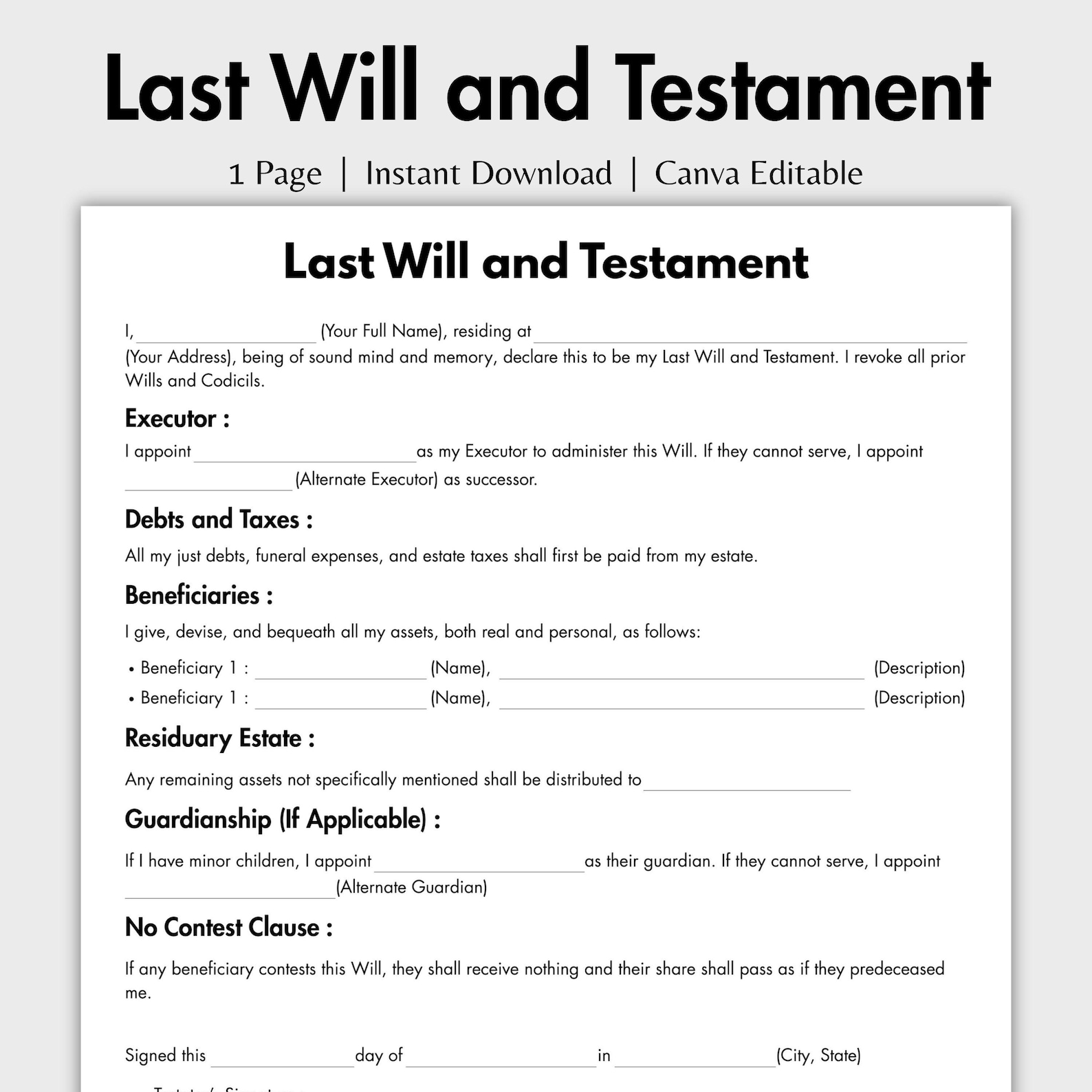 One Page Last Will and Testament, Editable Testament Form Template ...