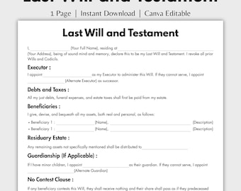 Editable Last Will and Testament Template, Single Page Testament Form ...