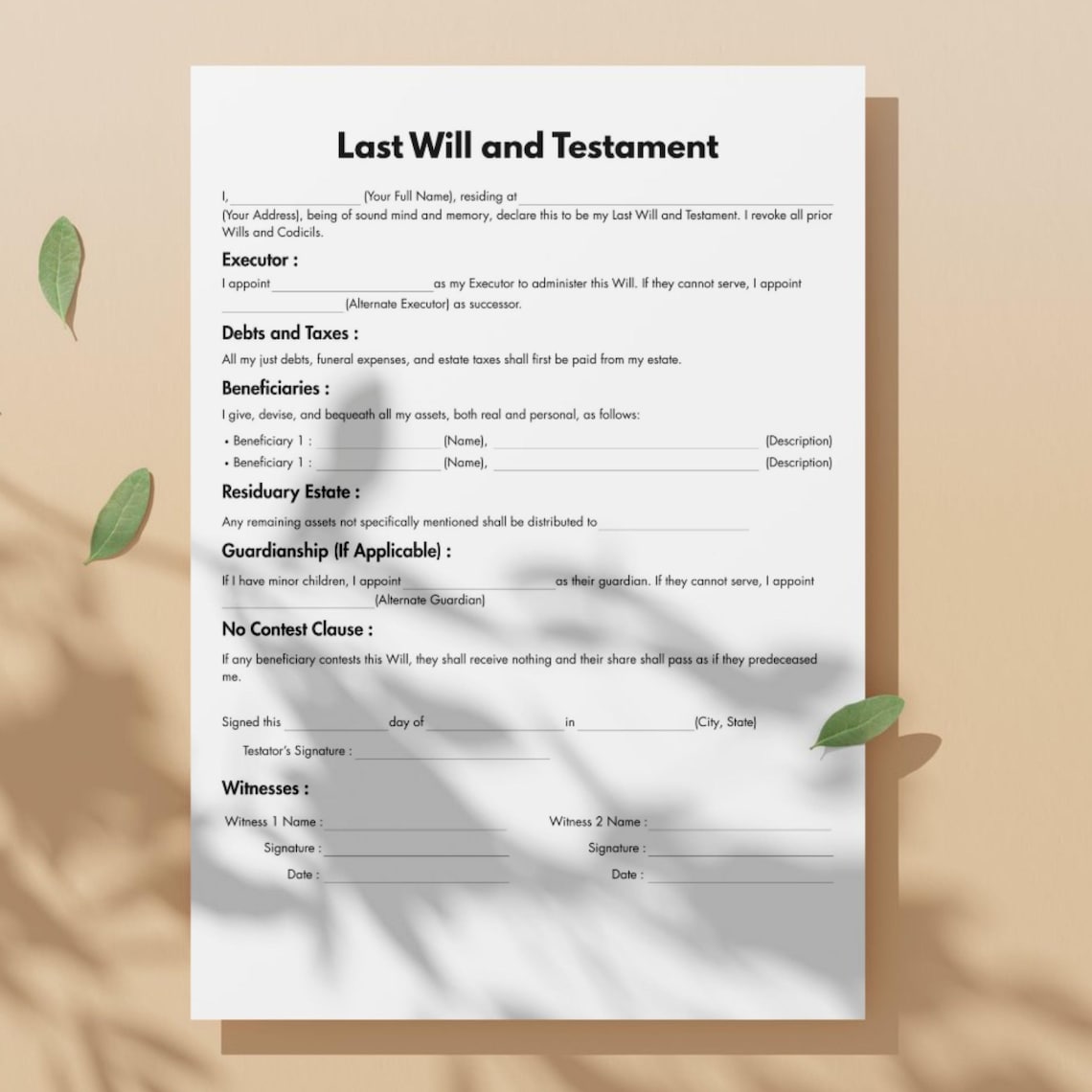One Page Last Will and Testament, Editable Testament Form Template ...