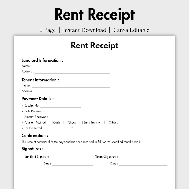 Editable Rent Receipt, Printable Landlord Receipt, Tenant Receipt ...