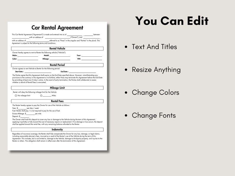 Car Rental Agreement Template, Car Rental Contract, Printable Vehicle ...
