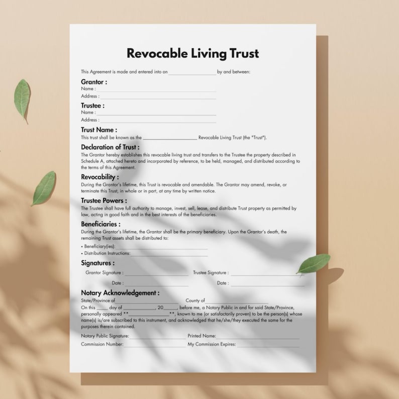 One Page Revocable Living Trust, Editable Living Trust Agreement Form ...
