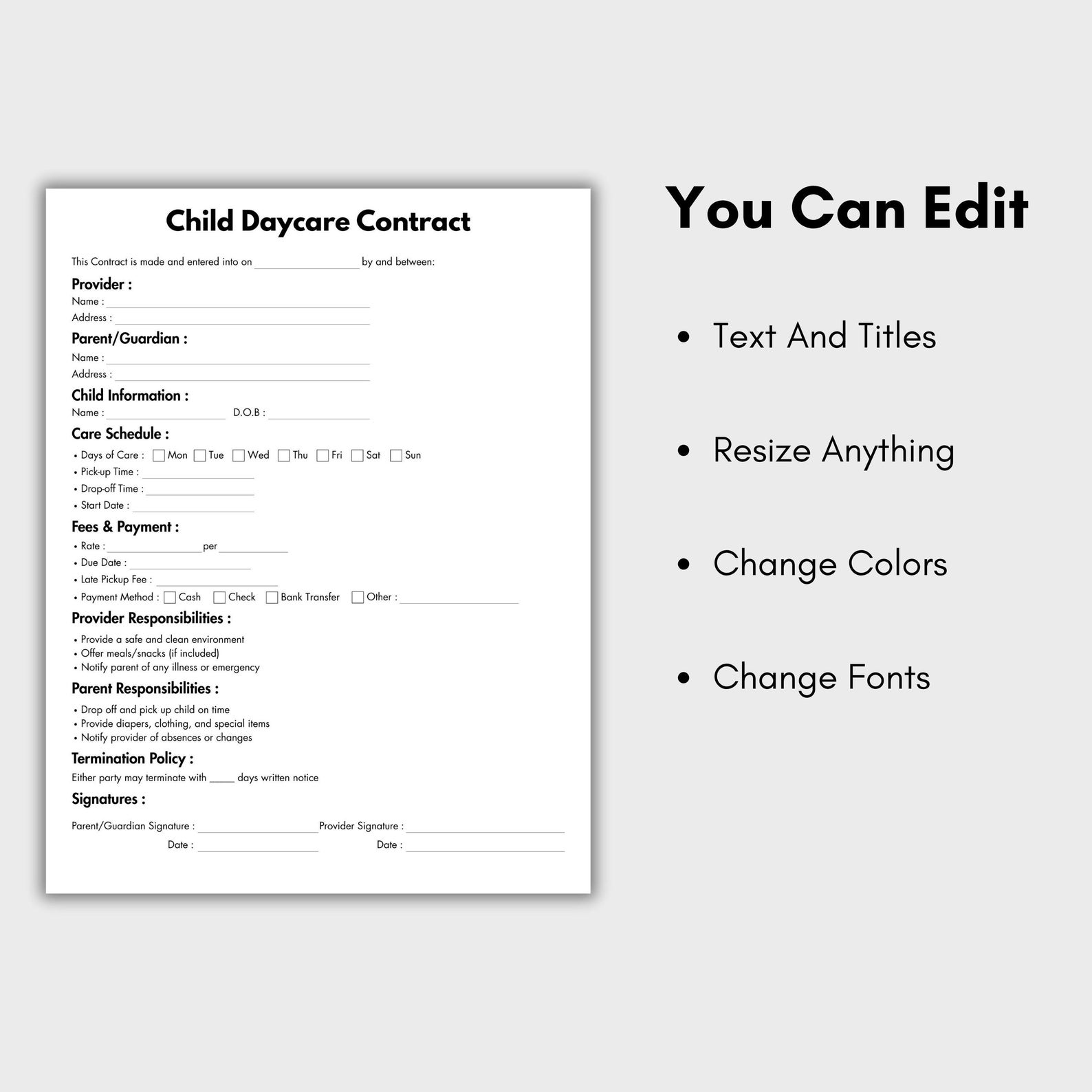 One Page Child Daycare Contract, Editable Daycare Paperwork Form ...